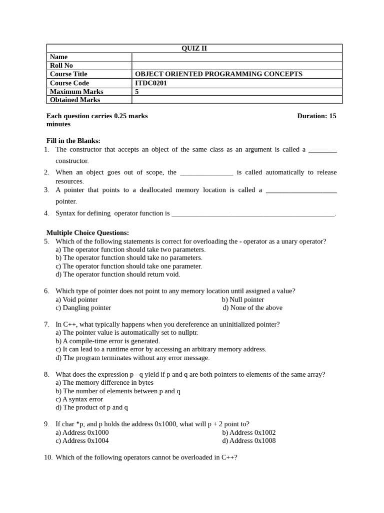 Final Quiz Ii Oopc Pdf Pointer Computer Programming Constructor Object Oriented 8043