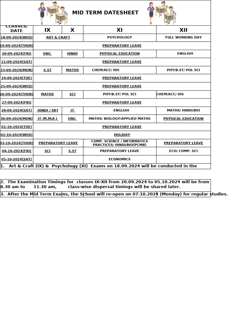 Mid Term Date Sheet For 9-12 | PDF