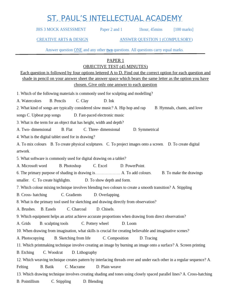 JHS 3 Mock Creative Art Question 2024 Term 1 | PDF | Tempo | Drawing