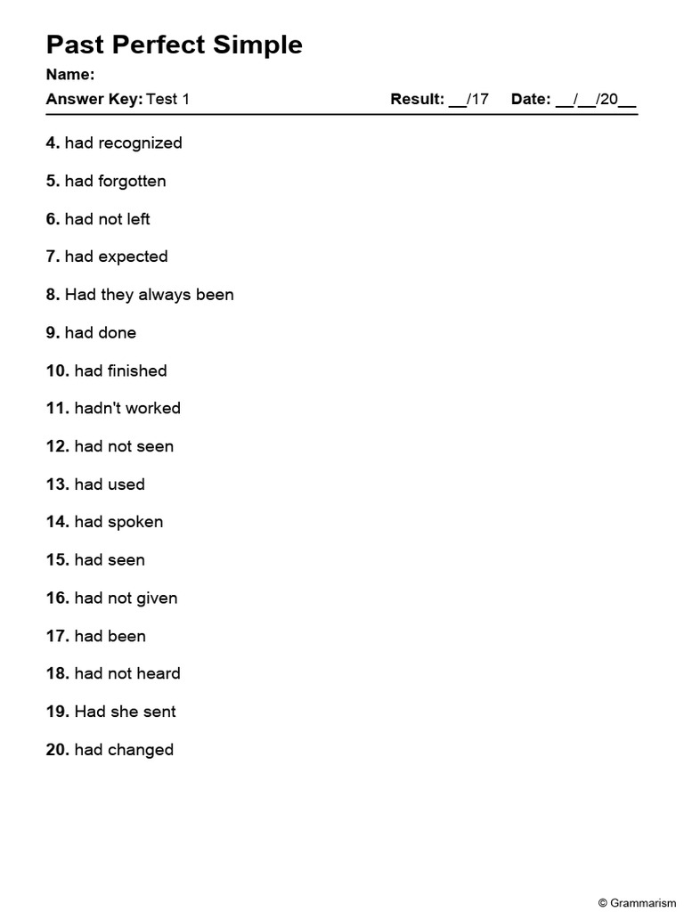 Grammarism Past Perfect Test 1 Answers 2222096 | PDF