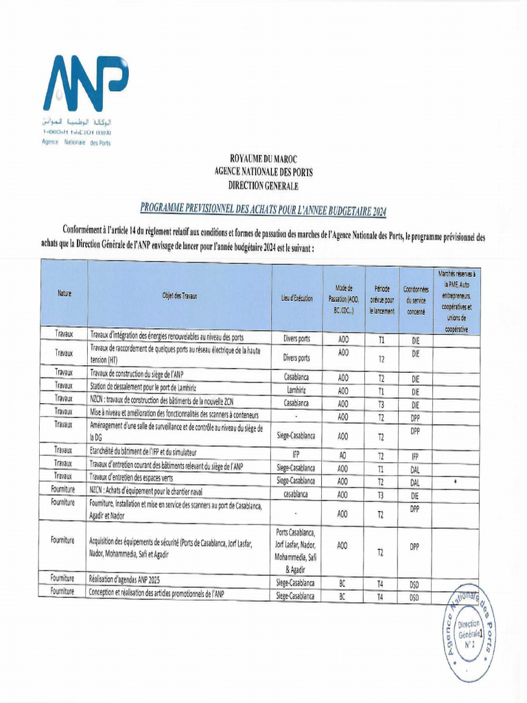 Programme Prévisionnel Des Achats ANP DG 2024 | PDF