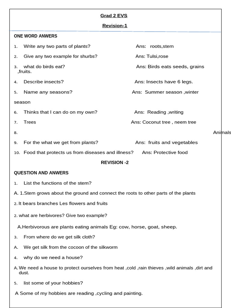 Grade 2 Evs Revision Pravalika | PDF | Foods | Plants