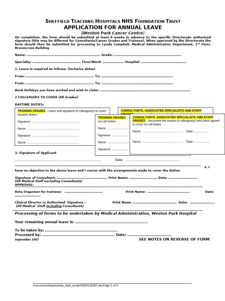 Sheffield NHS Annual Leave Application Form | PDF | Medicine | Health Care