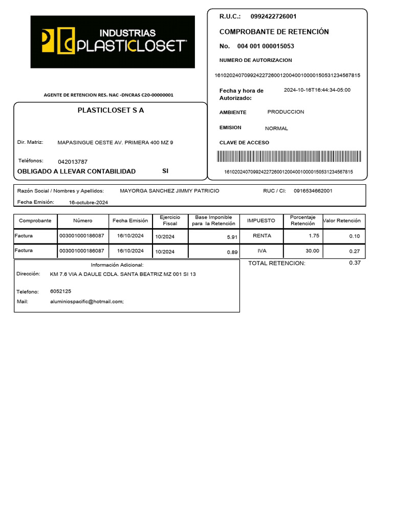 Comprobante de Retención: Agente de Retencion Res. Nac - Dncras C20-00000001 | PDF ...