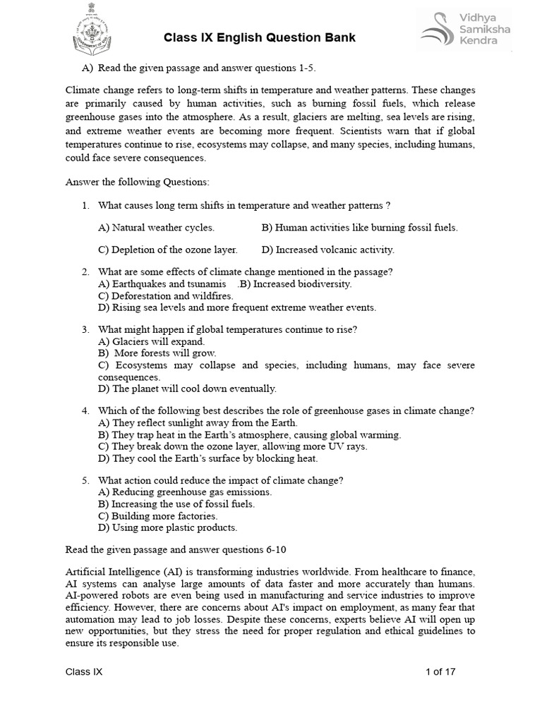 Class 9 English Question Bank | PDF | Climate Change | Biodegradation