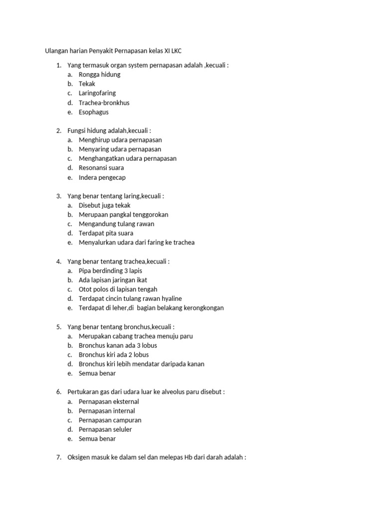 Ulangan Harian Penyakit Pernapasan Kelas XI LKC | PDF