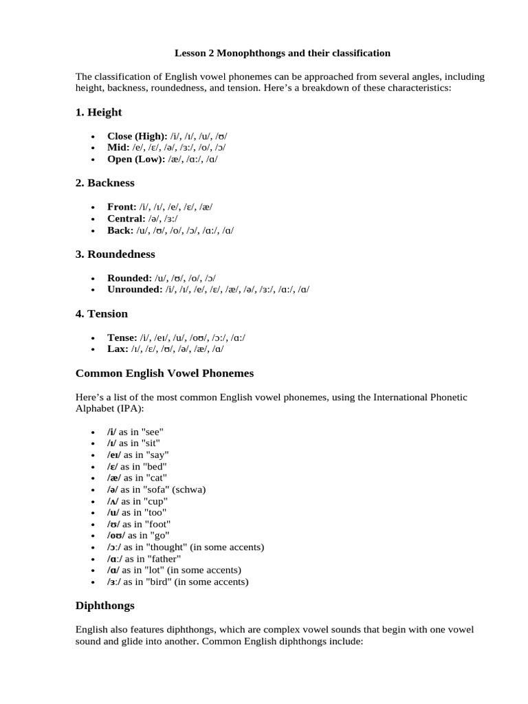 2 Monophthongs and Their Classification 2 | PDF | Vowel | Stress ...