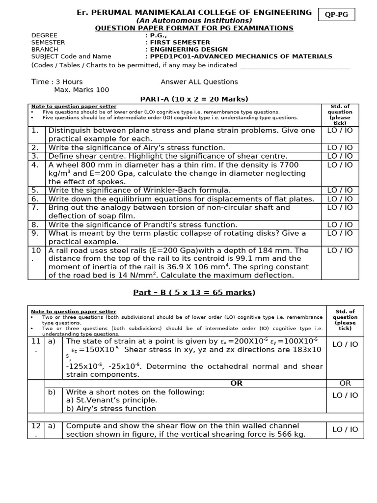 Pped1pc01 Advanced Mechanics of Materials | PDF | Stress (Mechanics ...