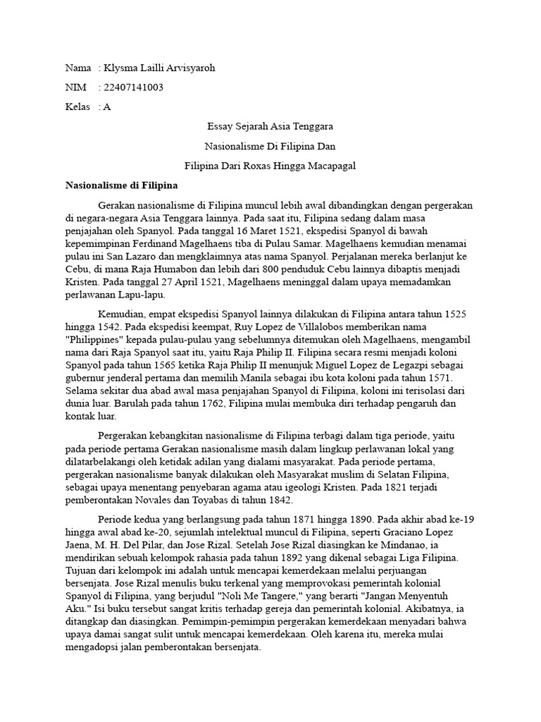 Essay Sejarah Asia Tenggara Nasionalisme Di Filipina | PDF