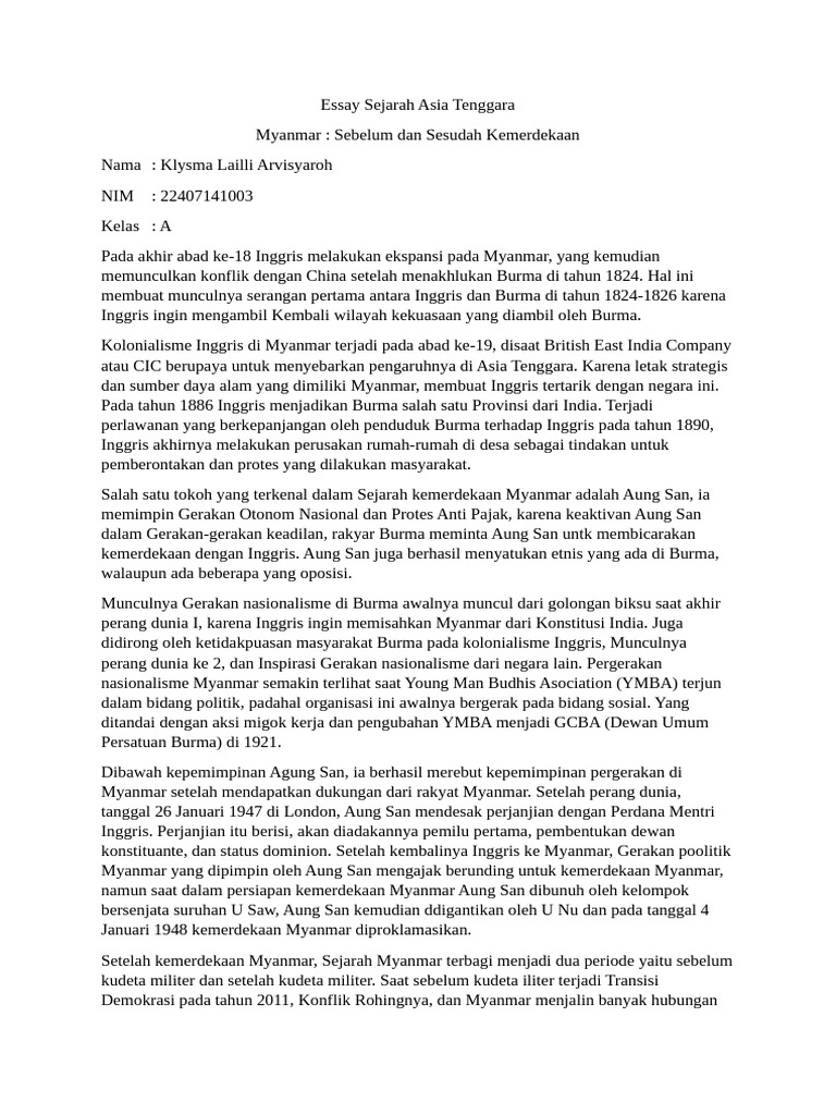 Essay Sejarah Asia Tenggara, Myanmar Sebelum Dan Sesudah Kemerdekaan ...