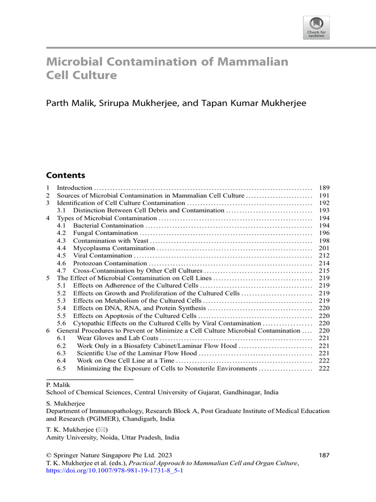 Microbial Contamination of Mammalian Cell Culture: Parth Malik, Srirupa ...