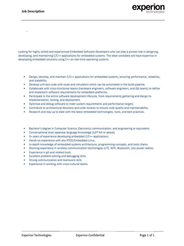 JD Embedded Software Engineer Japan Sep 2024 | PDF