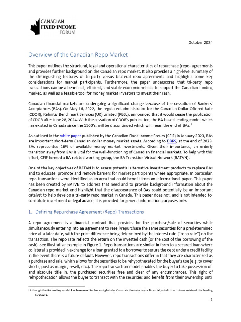 Overview of The Canadian Repo Market Oct | PDF | Repurchase Agreement ...