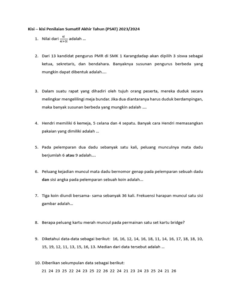 Kisi Kisi PSAT 2024 Kelas XI | PDF