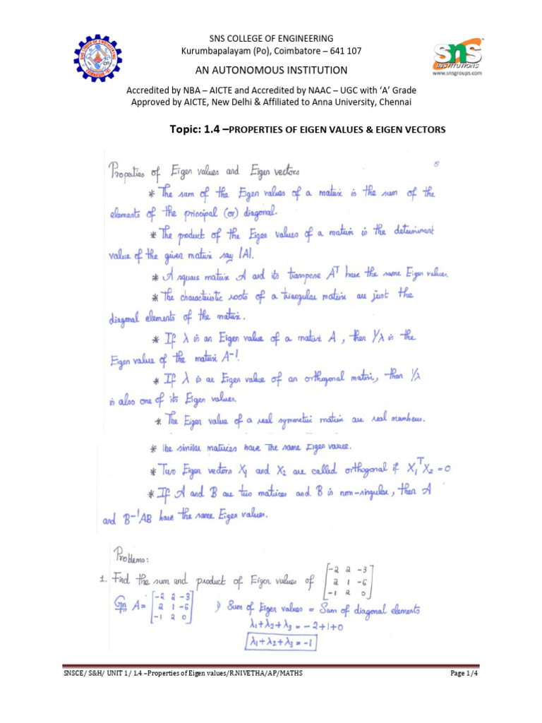 UNIT 1 Properties of Eigen Values and Eigen Vectors | PDF