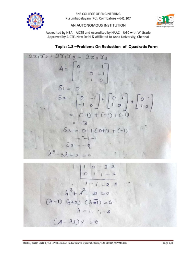 UNIT-1 Problems On Reduction of Quadratic Form | PDF | Career And ...
