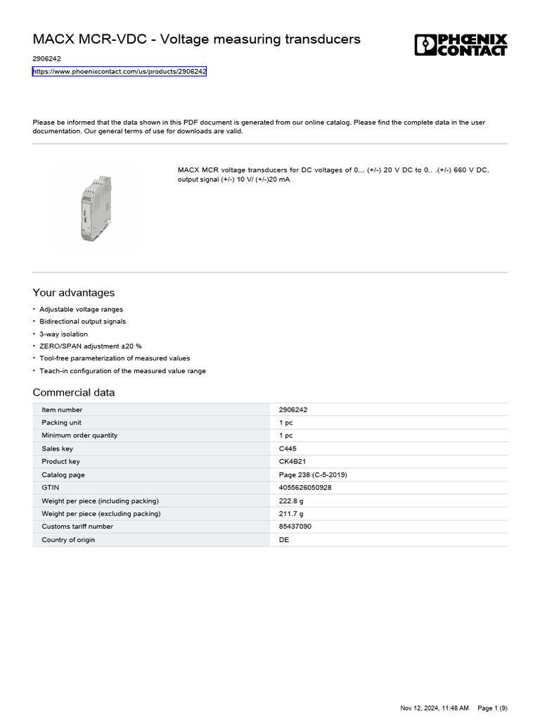 MACX MCR-VDC Voltage Transducer 2906242 | PDF | Electronics | Electricity