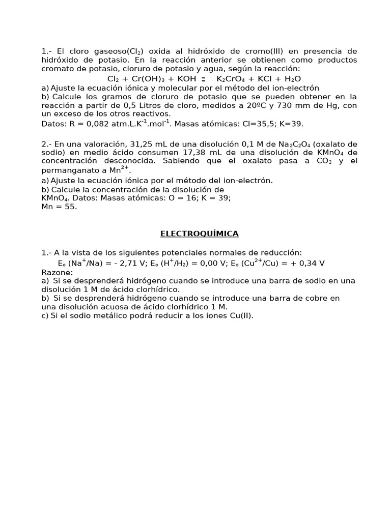 Cuestiones Problemas Redox | PDF | Redox | Ácido