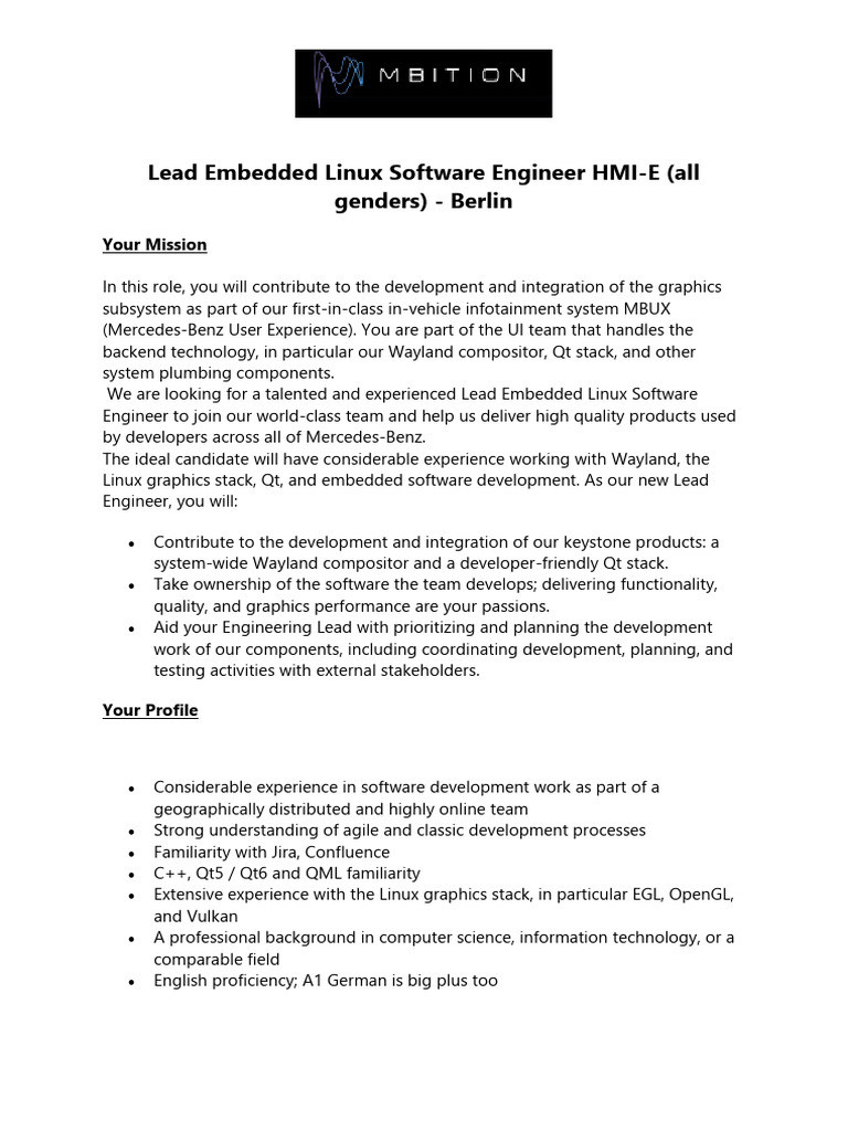 MBition Lead Embedded Linux Software Engineer HMI E | PDF | Linux ...
