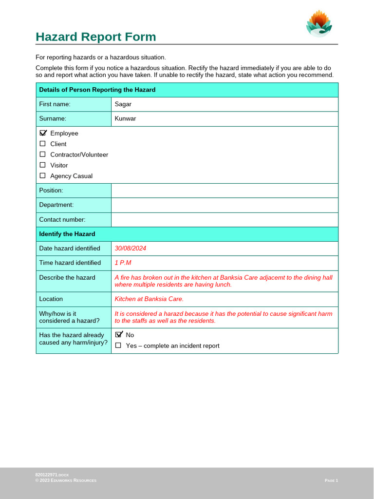 Work Safely in Client Care - SD AT4 Hazard Report Form.v1.0 | PDF ...