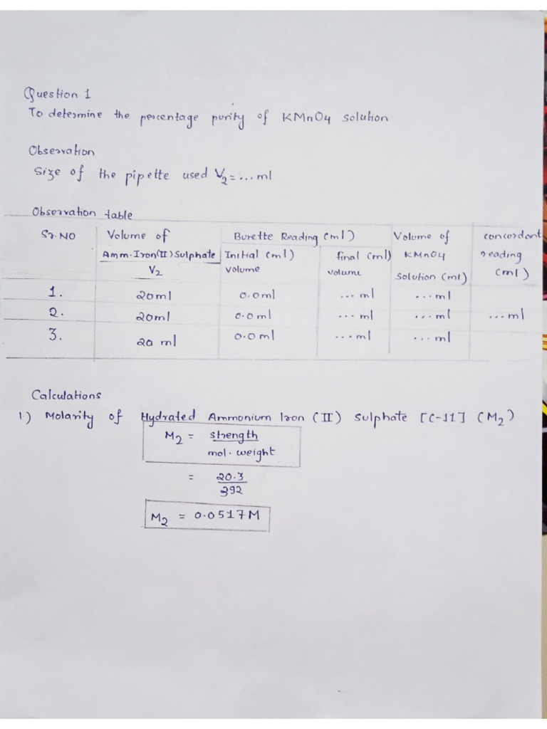 Chemistry Praticals Batch 1 (Volumetric Titration) | PDF