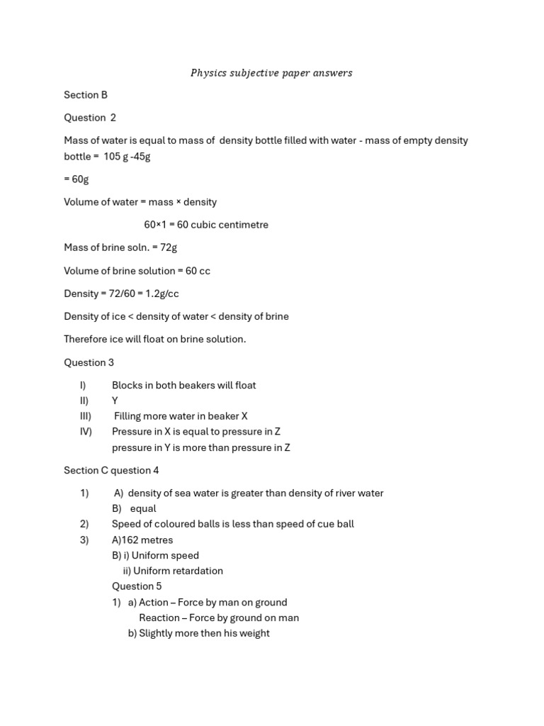 Physics Subjective Paper Solutions | PDF | Density | Volume