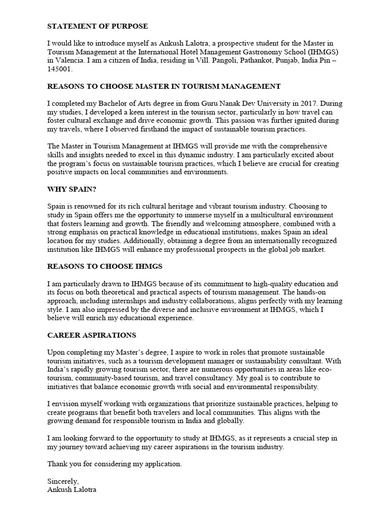 Statement of Purpose | PDF | Tourism | Sustainability