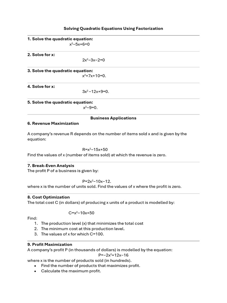 Solving Quadratic Equations Using Factorization 1 Pdf