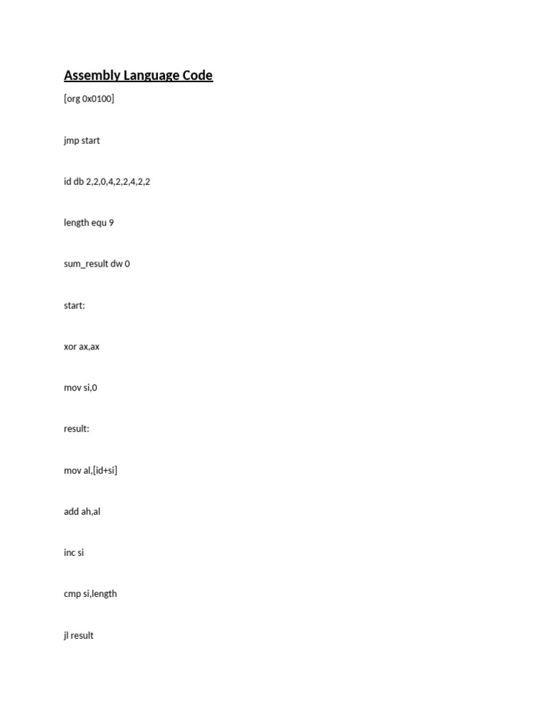 Assembly Language Sum and Parity Program | PDF