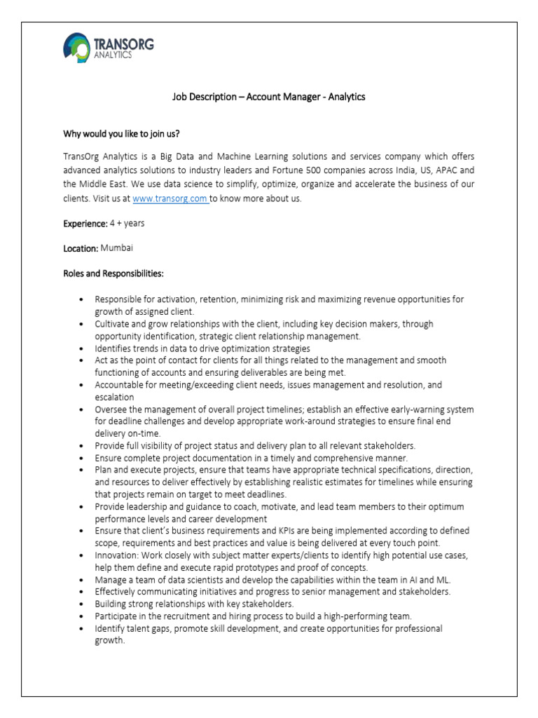 Job Description - Account Manager - Analytics TransOrg Analytics | PDF ...
