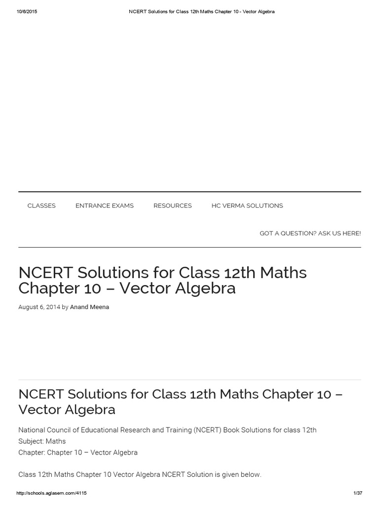 Class 12 Maths Vector Algebra Solutions | PDF | Mathematics | Education Policy