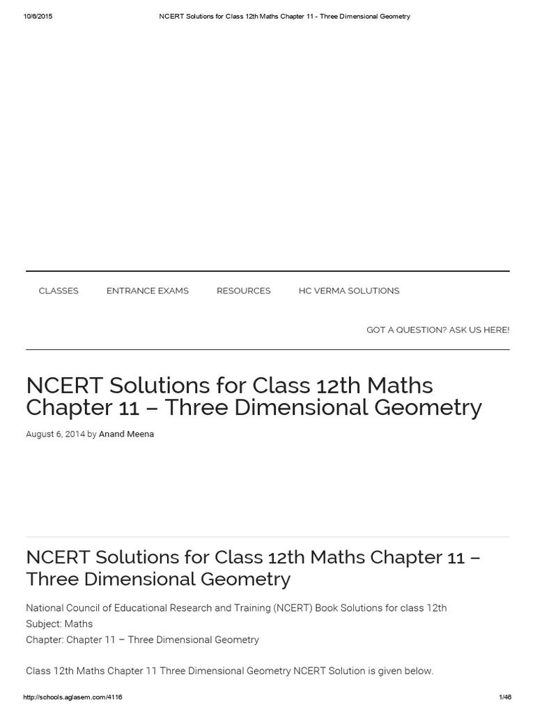 NCERT Solutions For Class 12th Maths Chapter 11 - Three Dimensional Geometry | PDF | Mathematics ...