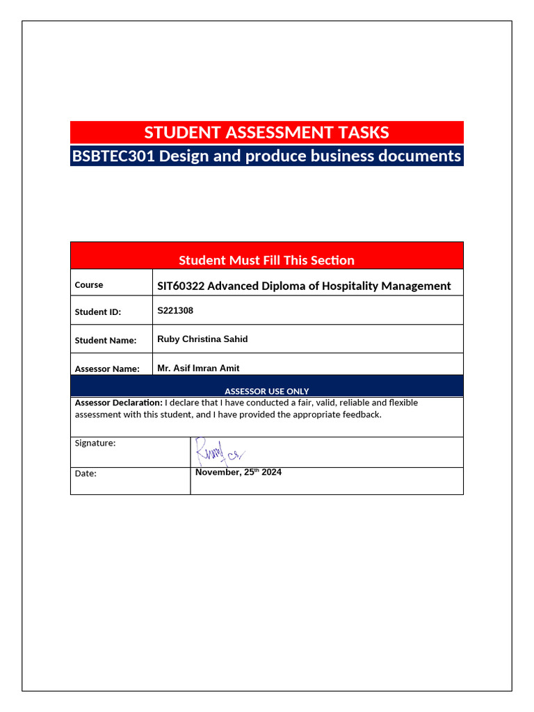 BSBTEC301 Student Assessment Tasks | PDF | Microsoft Excel | Spreadsheet