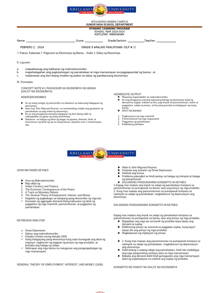 DLP 1 Daloy NG Ekonomiya 3RD QTR Ap 9 | PDF
