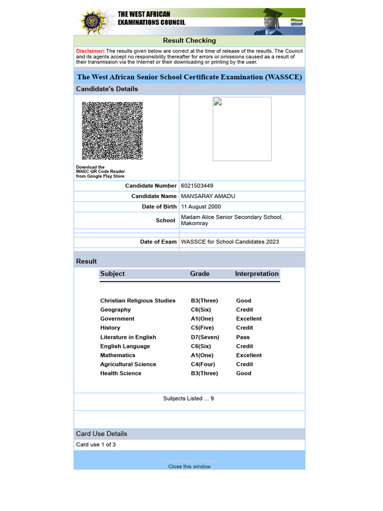 Mansaray Amadu - Wassce Result | PDF