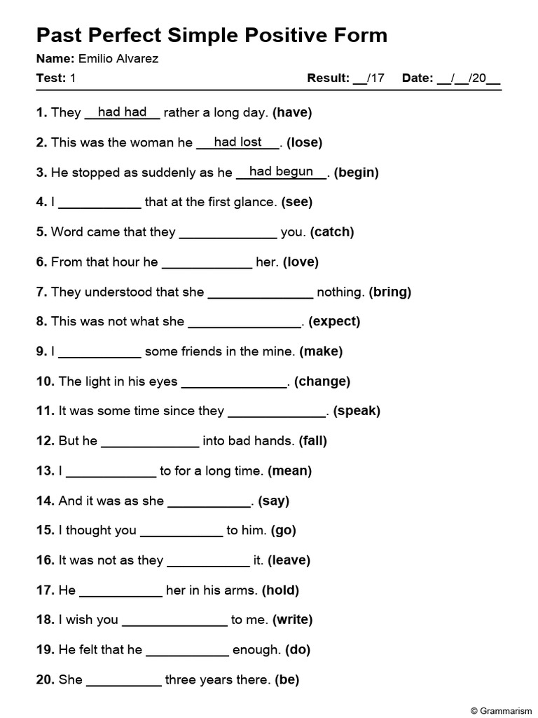 Grammarism Past Perfect Positive Test 1 | PDF