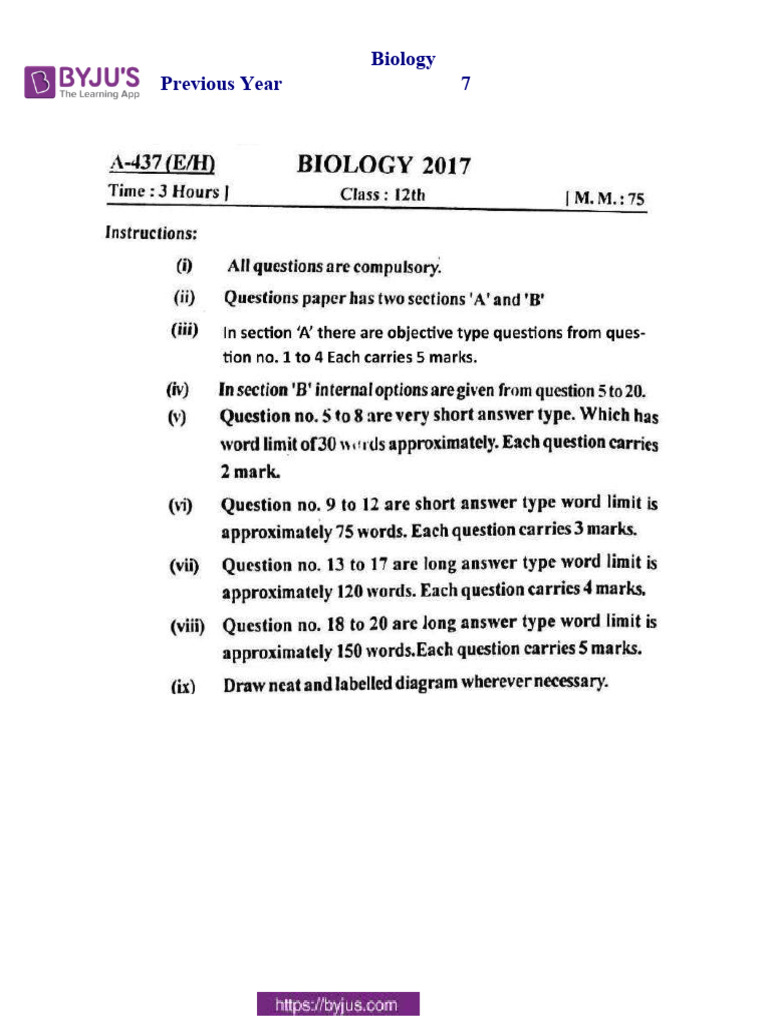MP Board Class 12 Bio 2017 Paper | PDF