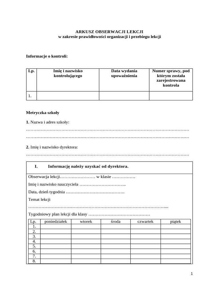 Arkusz Obserwacji Lekcji | PDF