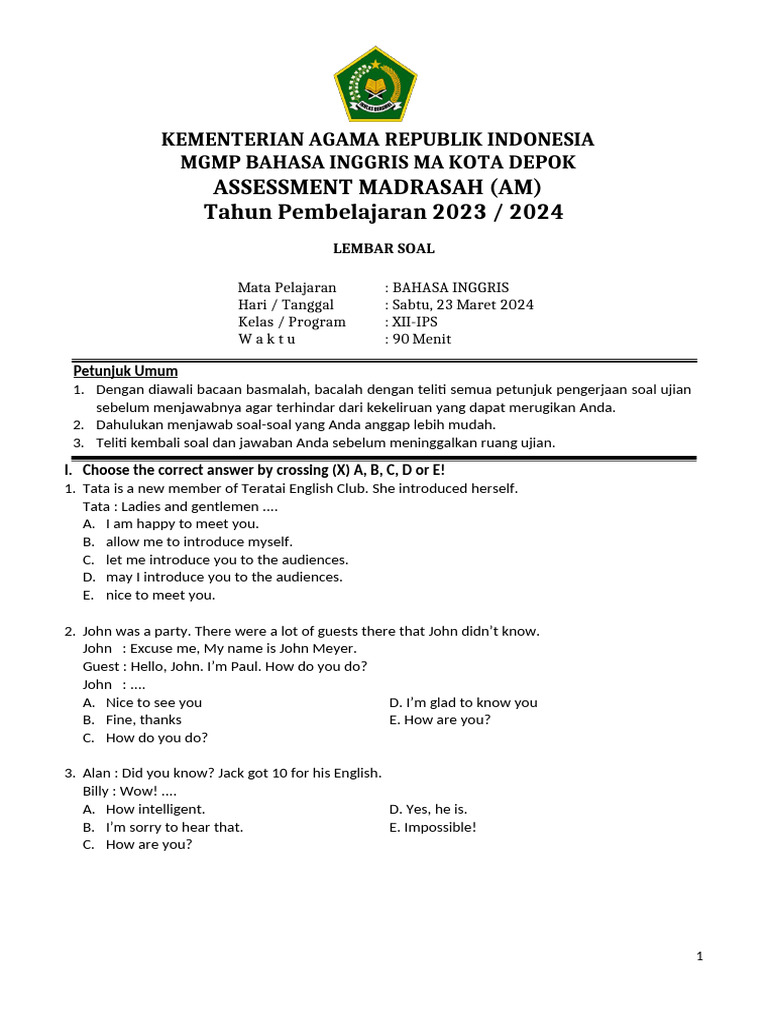 Soal Assessmen Madrasah B. Inggris Tp. 23-24 | PDF | Lift (Force)