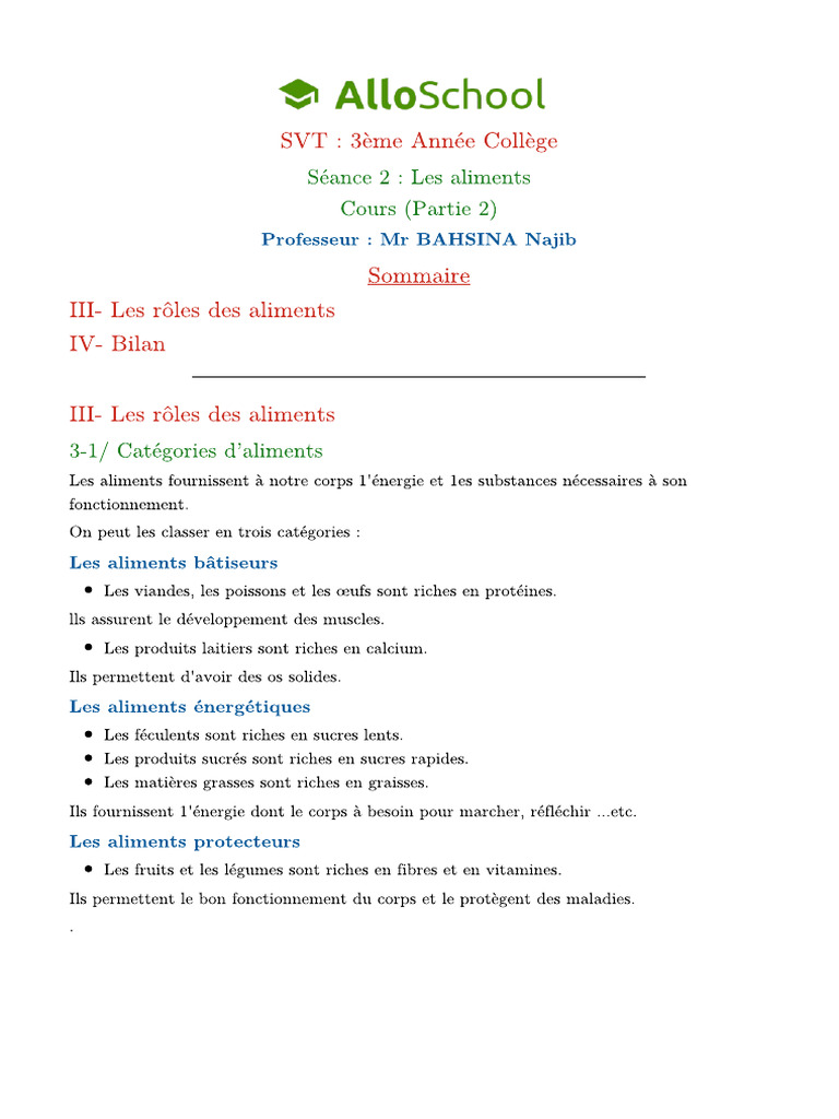 Seance 2 Les Aliments Cours Partie 2 | PDF