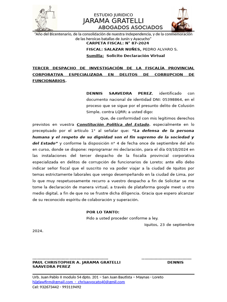 Solicitud de Declaración Virtual por Colusión | PDF | Fiscal | Justicia