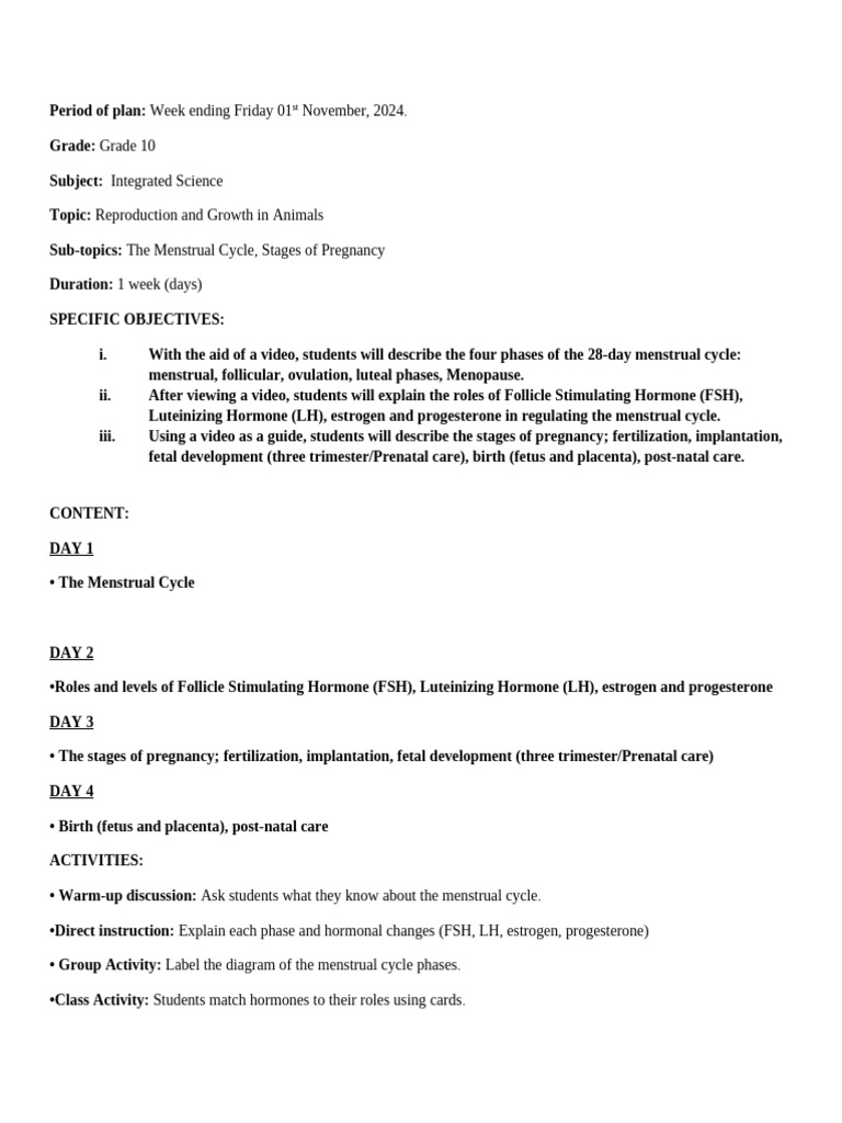 Grade 10-11 Integrated Science Lesson Plans | PDF | Menstrual Cycle ...
