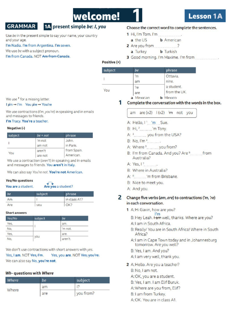 SPEAKOUT A1 Unit 1 Lesson 1A GRAMMAR (Present Simple Be - I You) | PDF