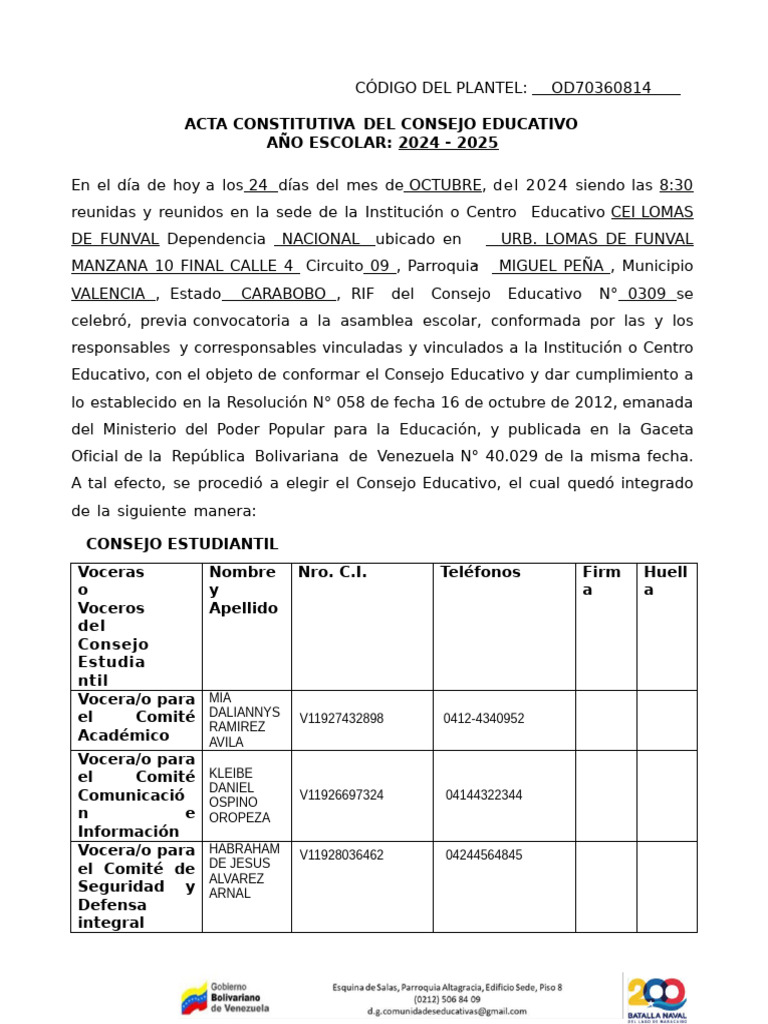Acta Constitutiva Del Consejo Educativo 2024 2025 | PDF