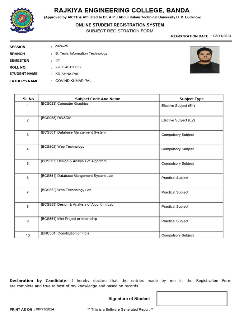 Elective Subject Registration Form | PDF | Computer Science | Computing