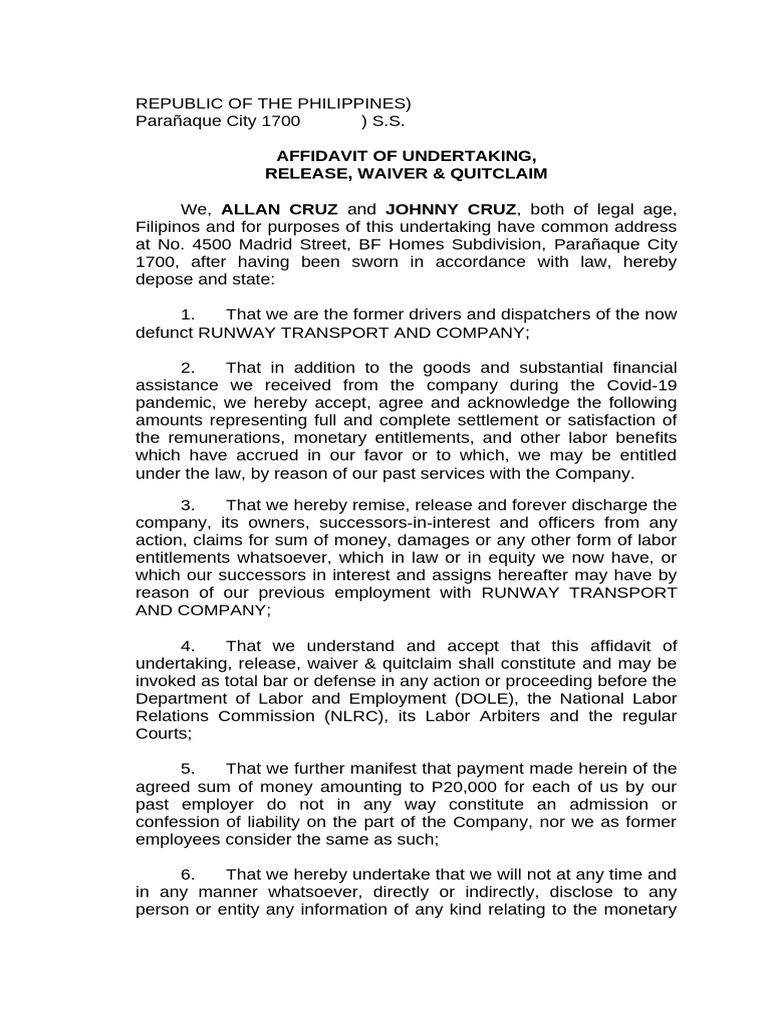 Affidavit of Undertaking, Release, Waiver & Quitclaim | PDF | Affidavit | Civil Law (Common Law)