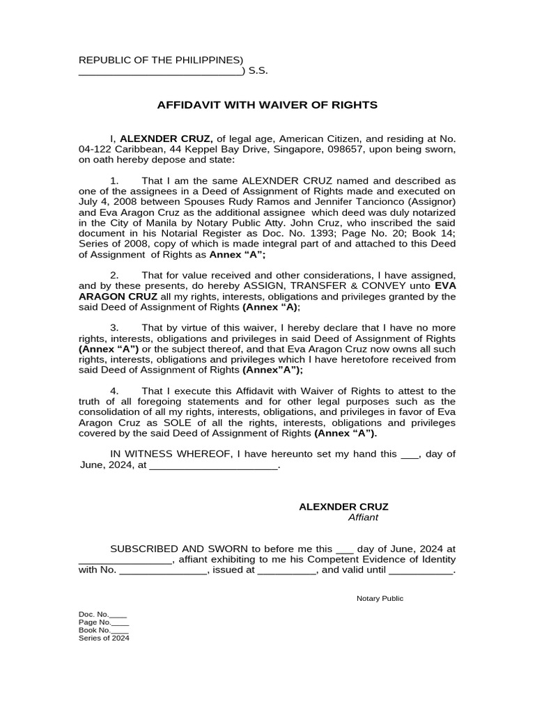 Affidavit of Waiver of Rights | PDF | Affidavit | Assignment (Law)