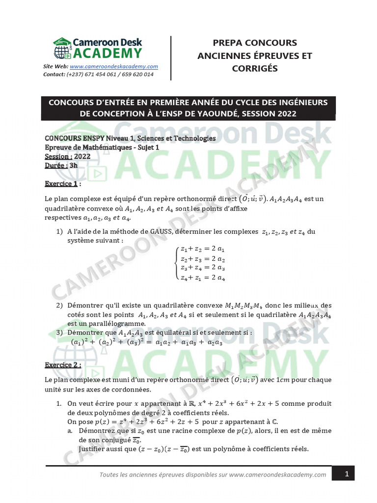 Epreuve Maths Enspy Niveau 1 ST 2022 | PDF