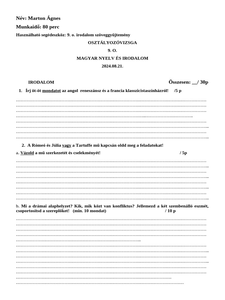 Osztályozóvizsga Irodalom 9. o Feladatlap | PDF