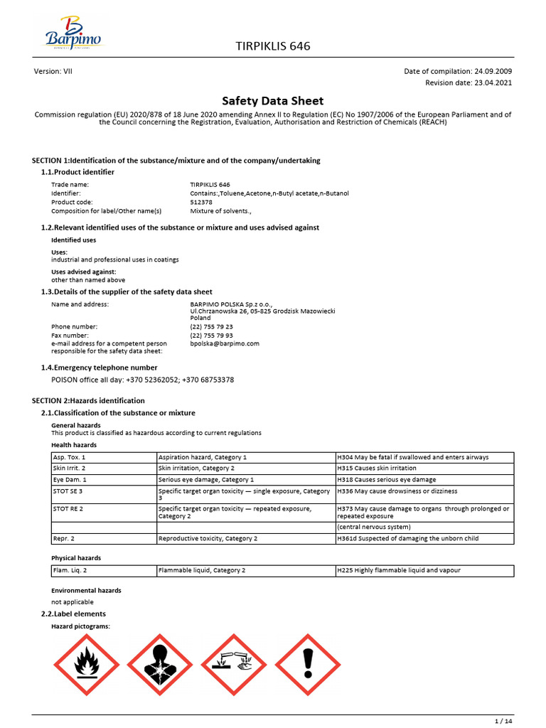 Tirpiklis 646 en - MSDS | PDF | Occupational Safety And Health